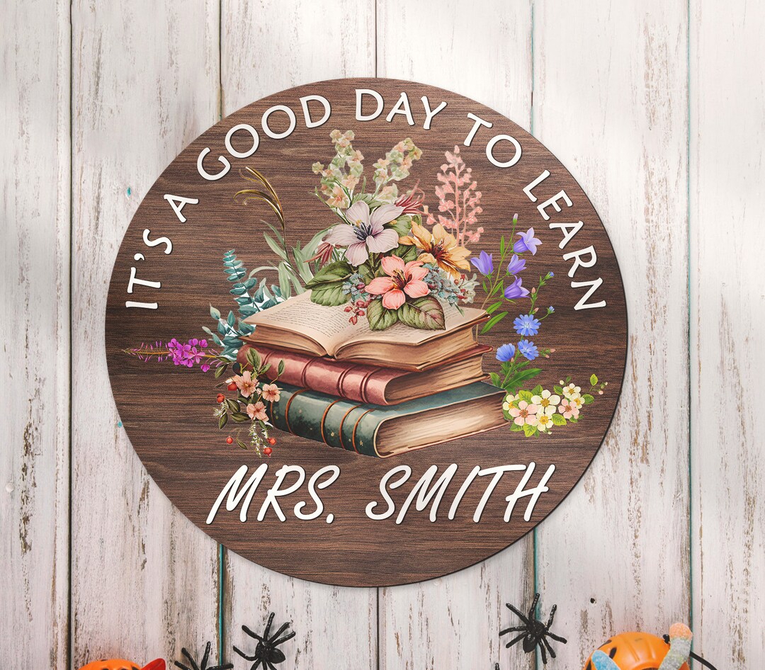 Custom Teacher Name Sign Personalized Floral Book Nursery Room ...