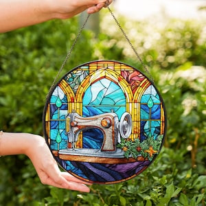 Sewing Machine Stained Glass Suncatcher Window Hanging Decor Wild ...