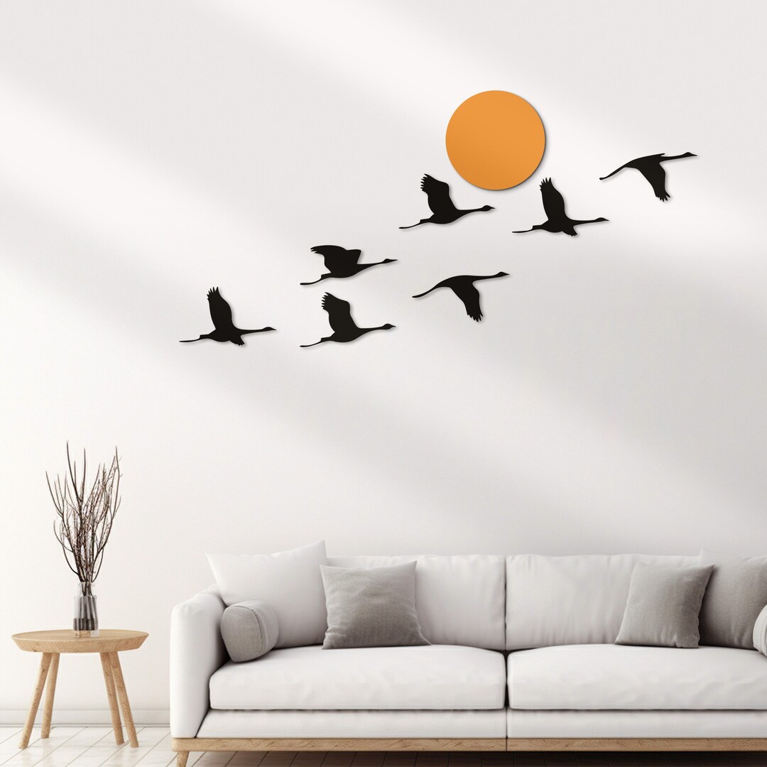 Set of 7 Wooden Flock Flying Bird Sun Wall Art Swan Unique Home Sign ...