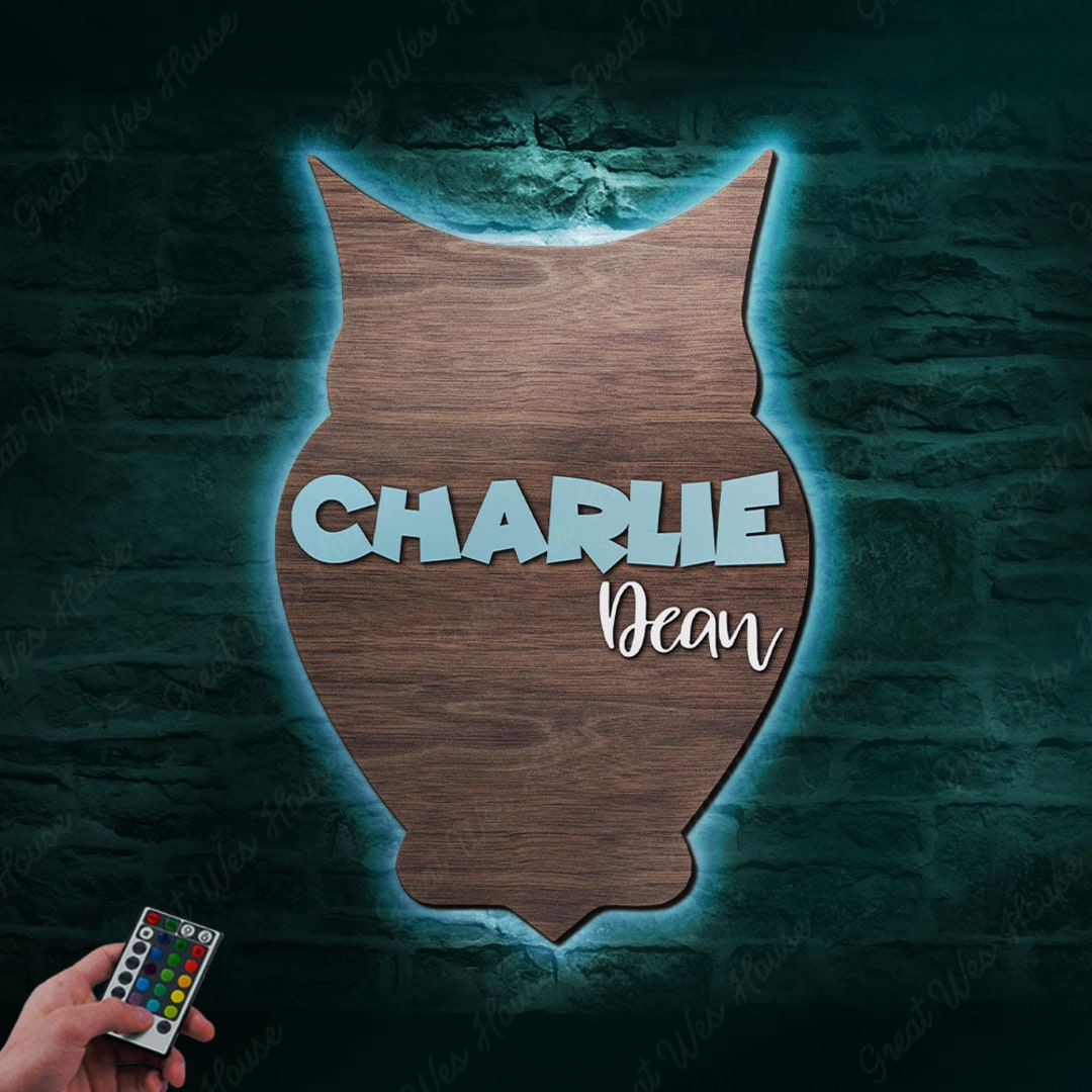 Custom Owl Wood Nursery Name LED Lights Sign Personalized Large Bird ...