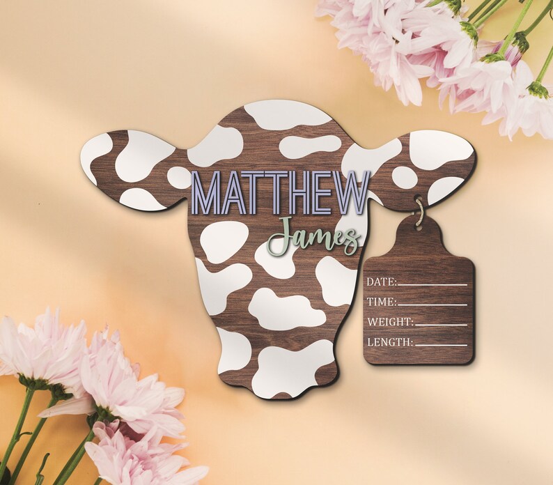 Baby Boy Cow Birth Stats Sign Nursery Announcement Cattle Tag Hospital ...