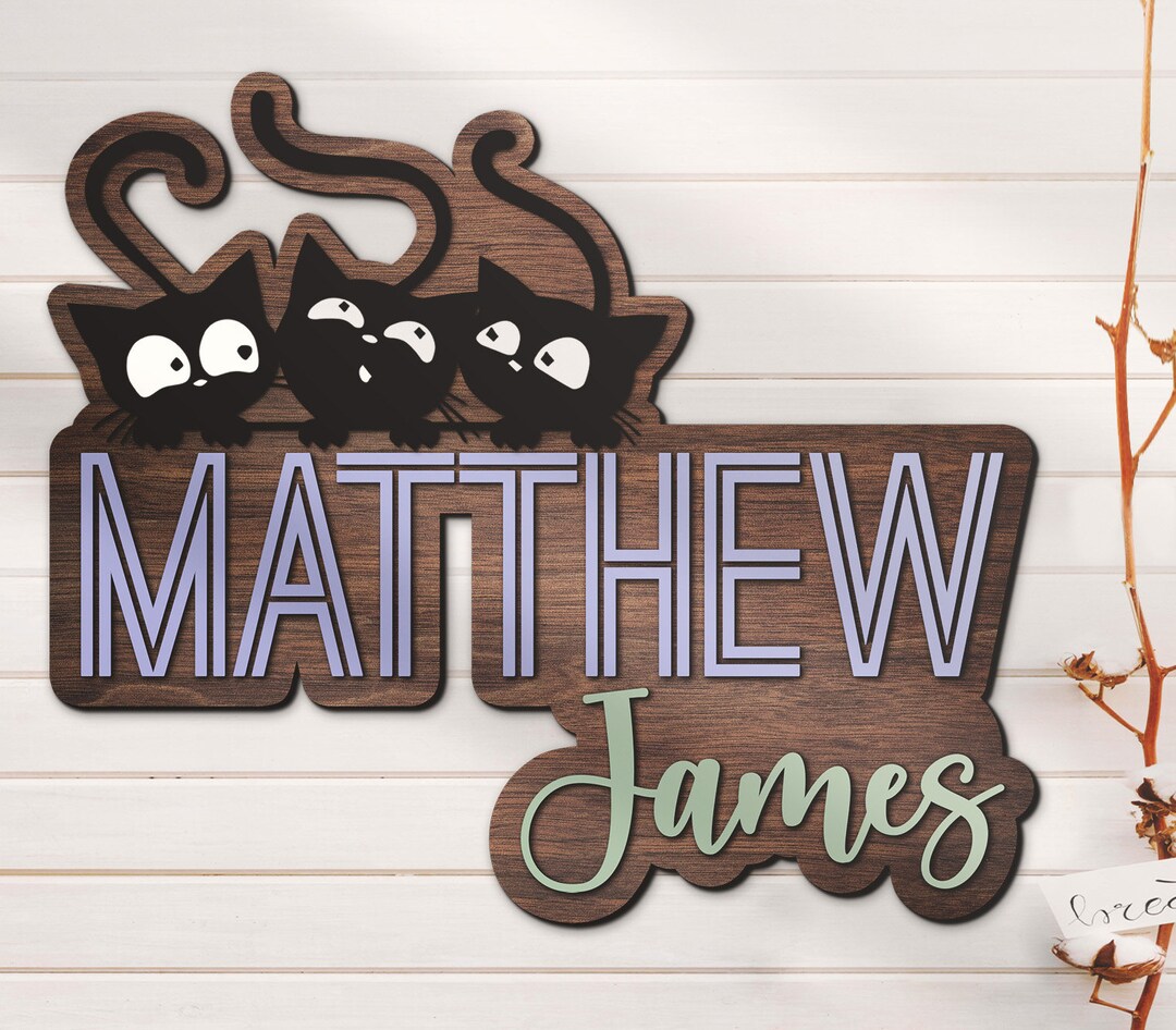 Custom Peeking Cat Wood Nursery Name Sign Personalized Wooden Cute ...