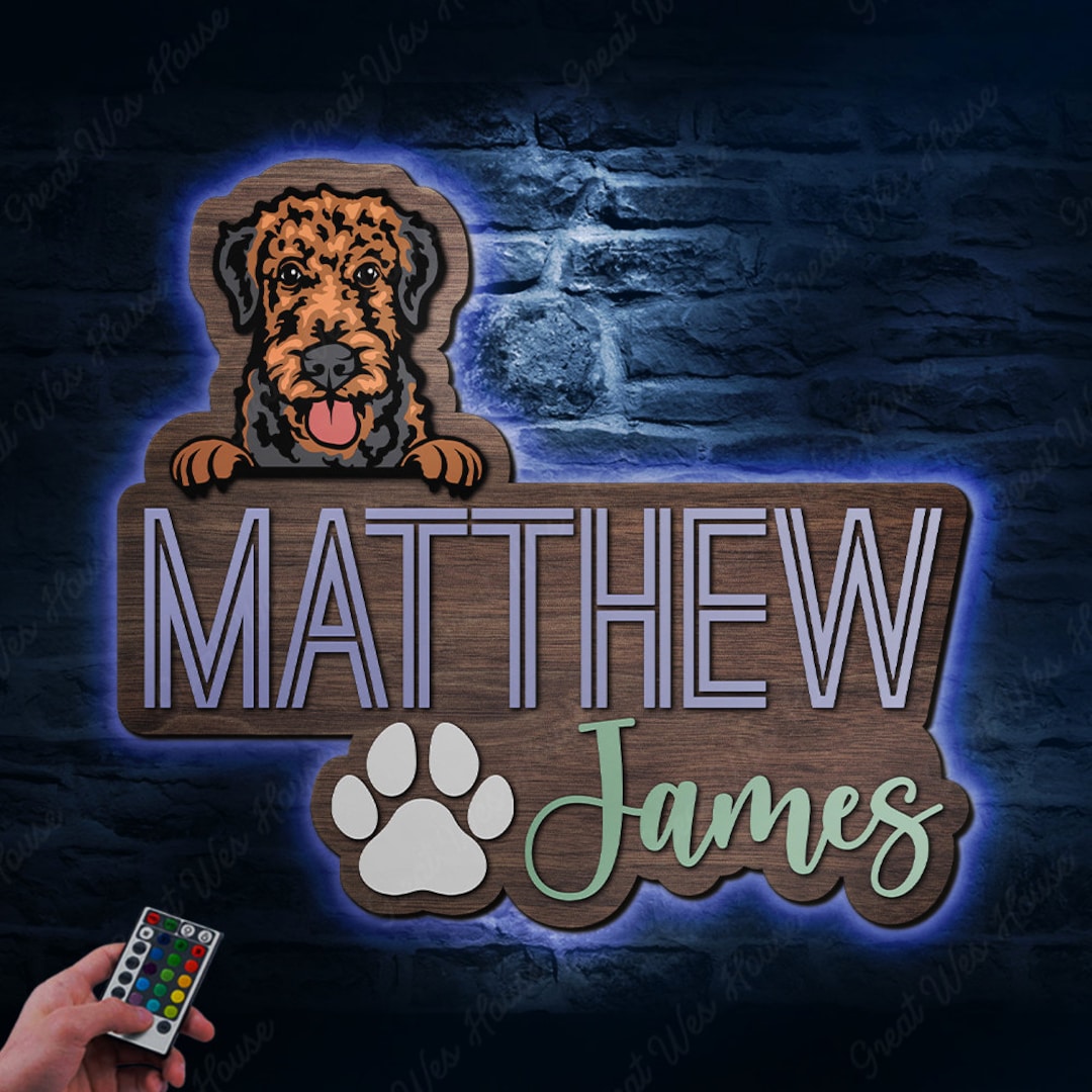 Custom Airedale Terrier Wood Nursery Name LED Lights Sign Personalized ...