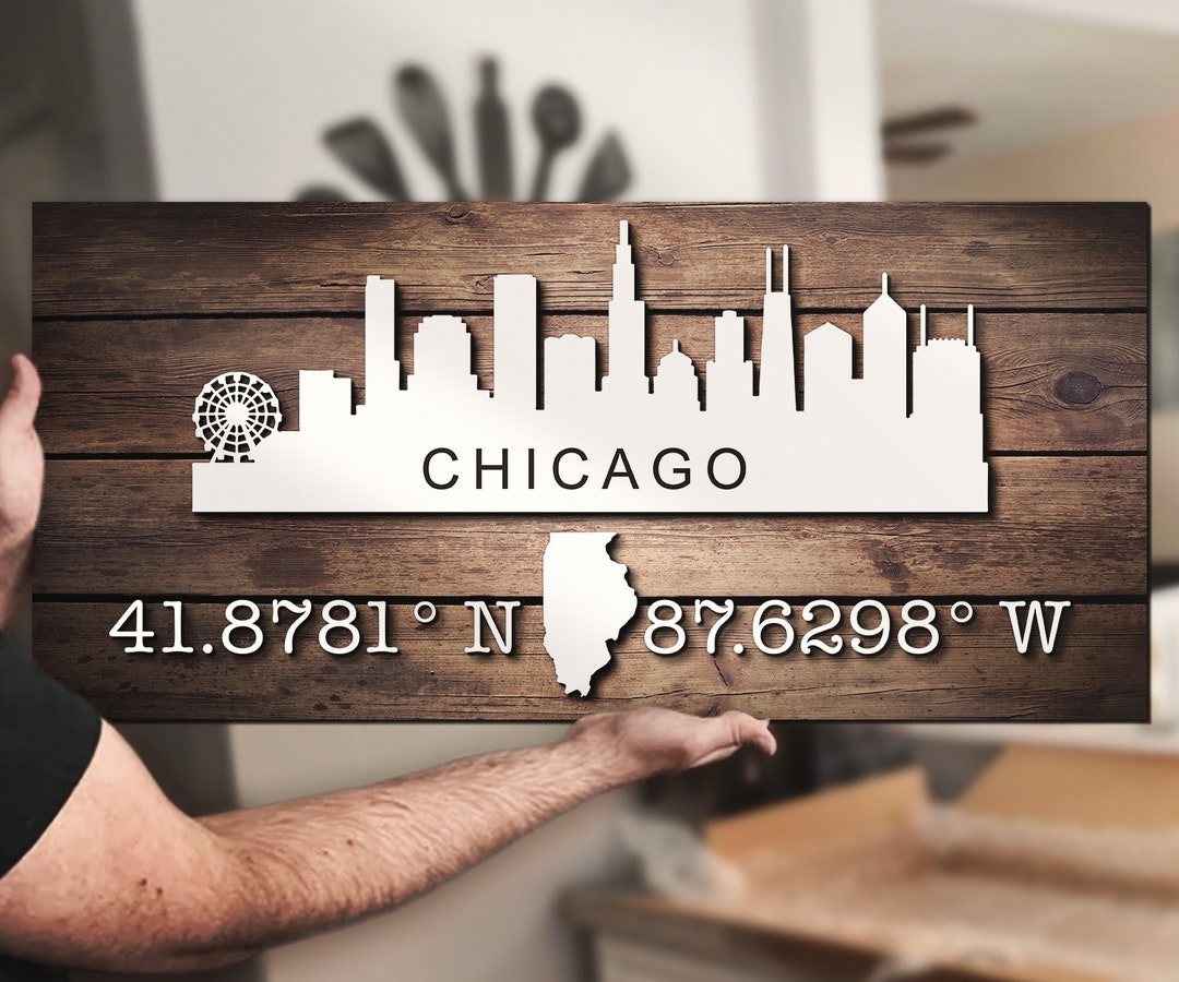 Custom Chicago Skylines Coordinates Family Wood Name Sign Personalized ...