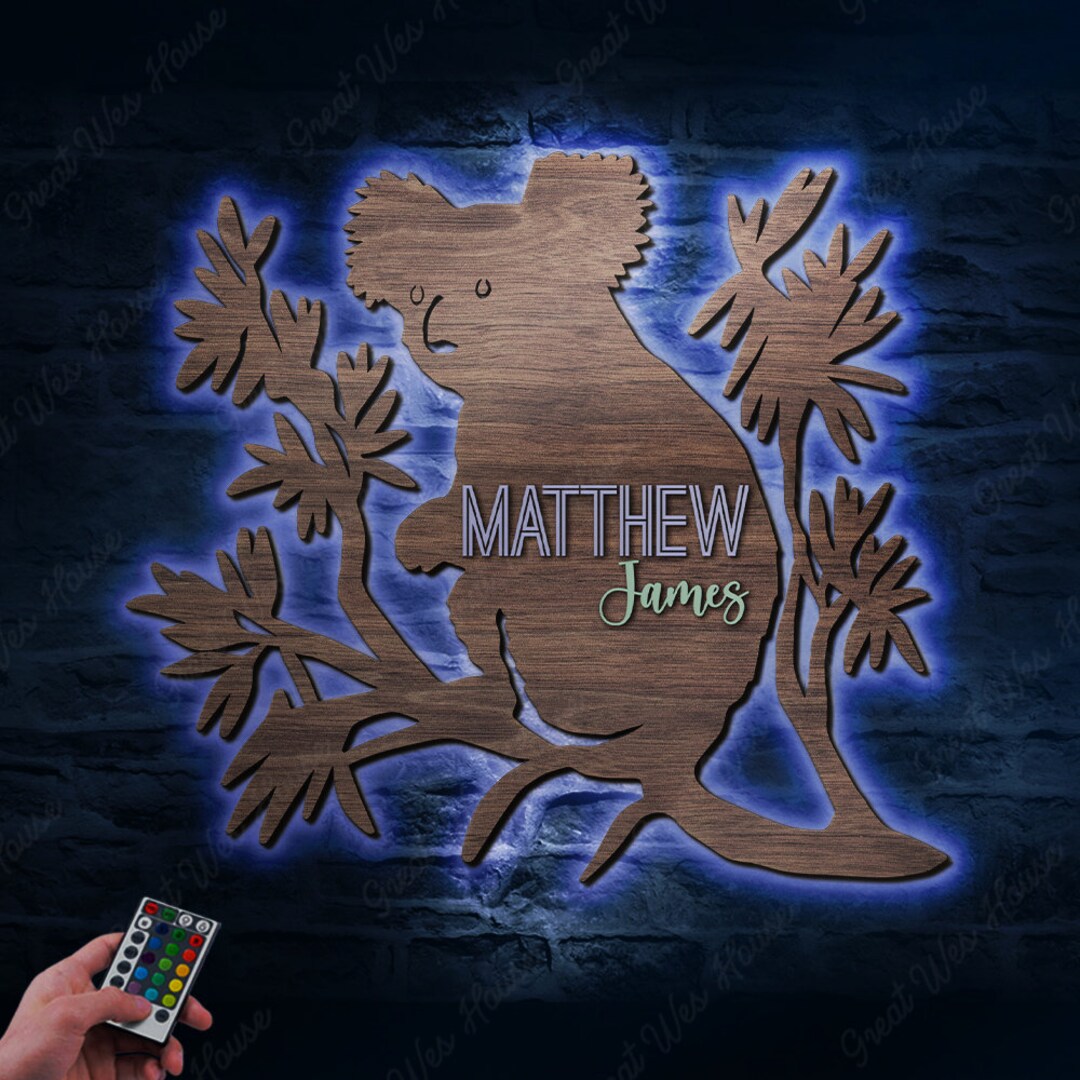 Custom Koala Animal 3D Wood Nursery Name LED Lights Sign Personalized ...