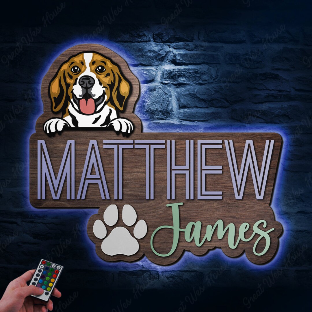 Custom Beagle Wood Nursery Name LED Lights Sign Personalized Dog Name ...