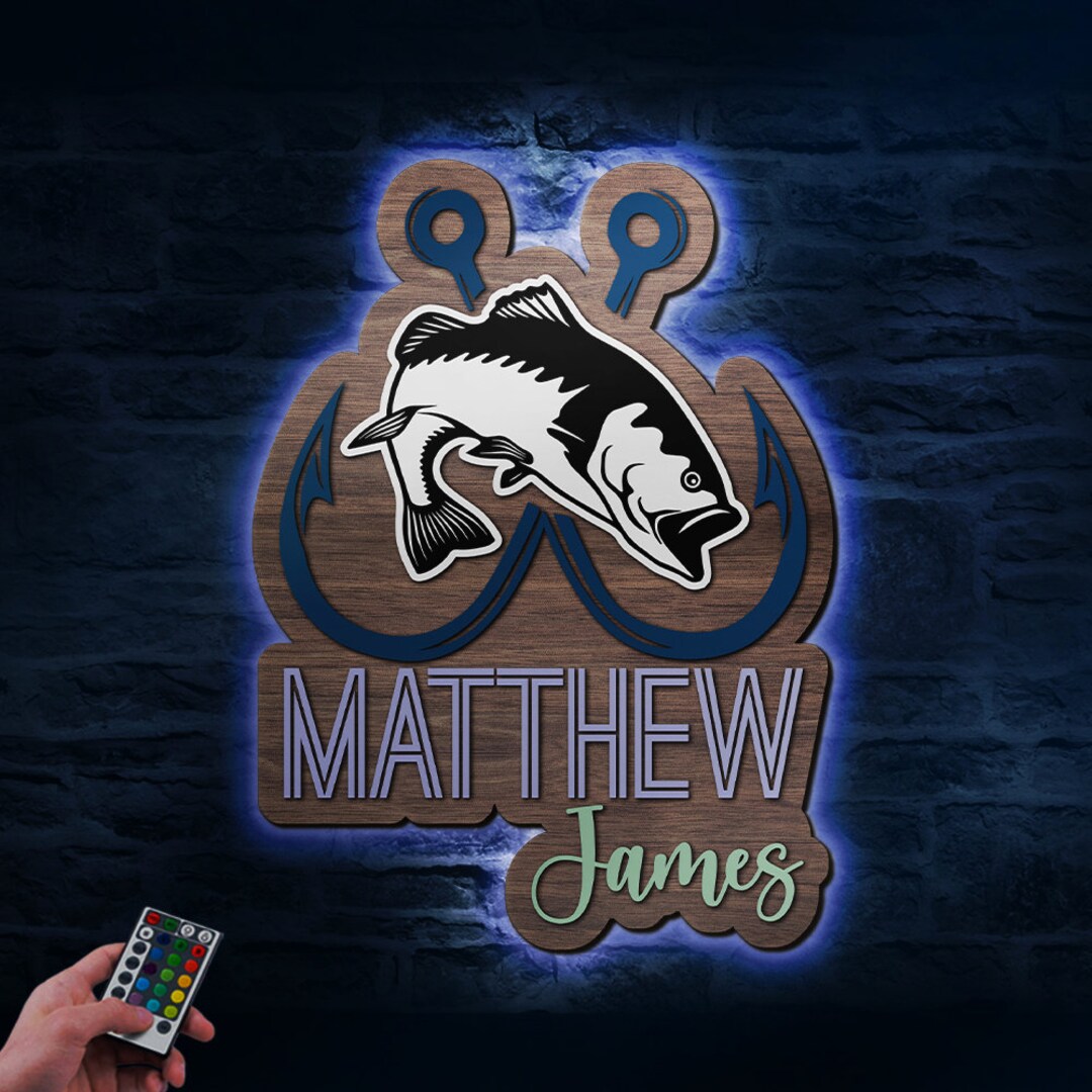 Custom Bass Fishing Hook Wood Nursery Name LED Lights Sign Personalized ...