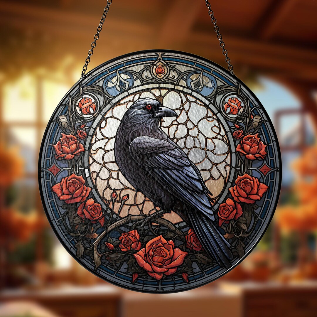 Raven Crow Stained Glass Suncatcher Window Hanging Decor, New House ...