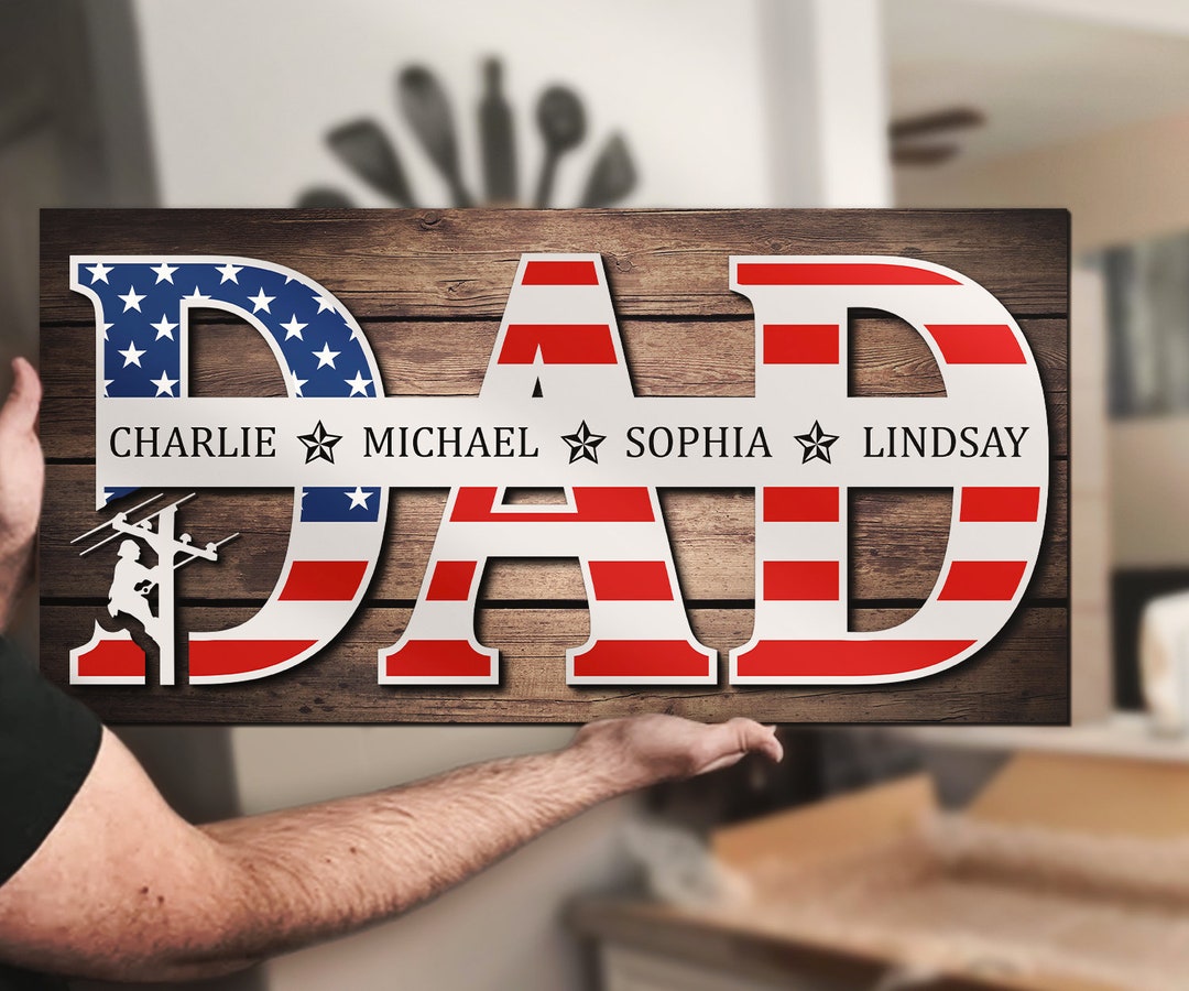 Custom Lineman US Flag Dad Son Name Wood Sign Personalized Father Day ...
