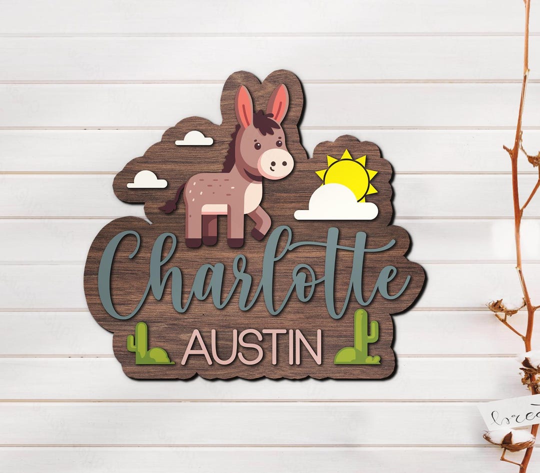 Custom Cute Donkey Wood Nursery Name Sign Personalized Farmhouse Animal ...