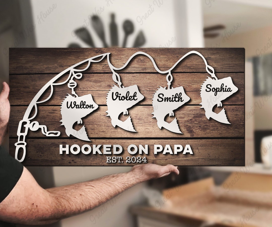 Custom Bass Fishing Hook on Papa Dad Kid Name Wood Sign Personalized ...