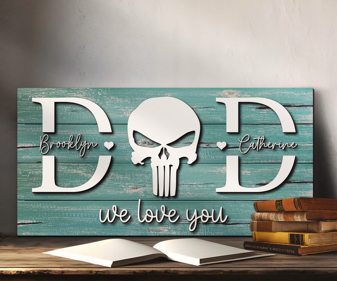 Custom Punisher Skull Dad Kid Name Wood Sign Personalized Woodence ...