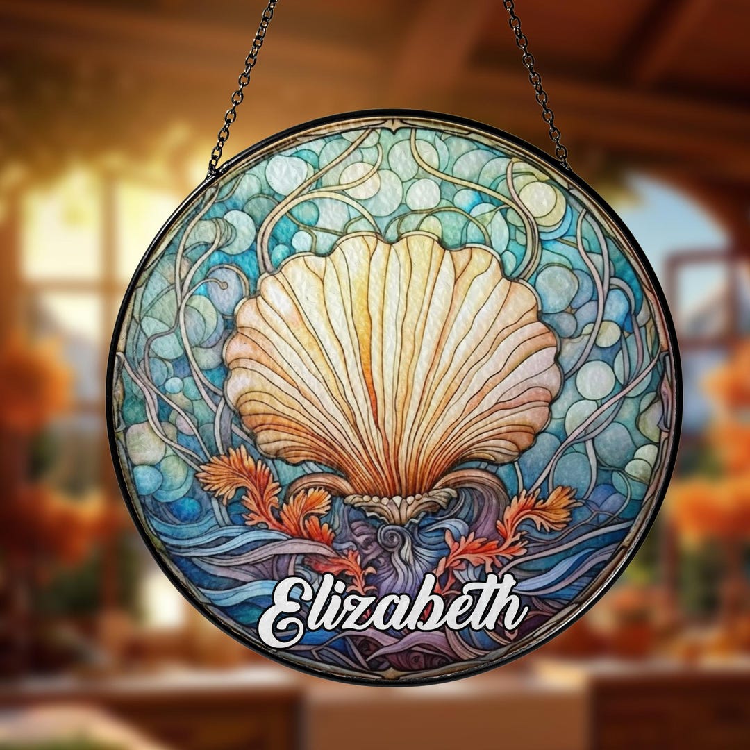 Custom Stained Glass Seashell Beach Suncatcher Coastal Ocean Light ...