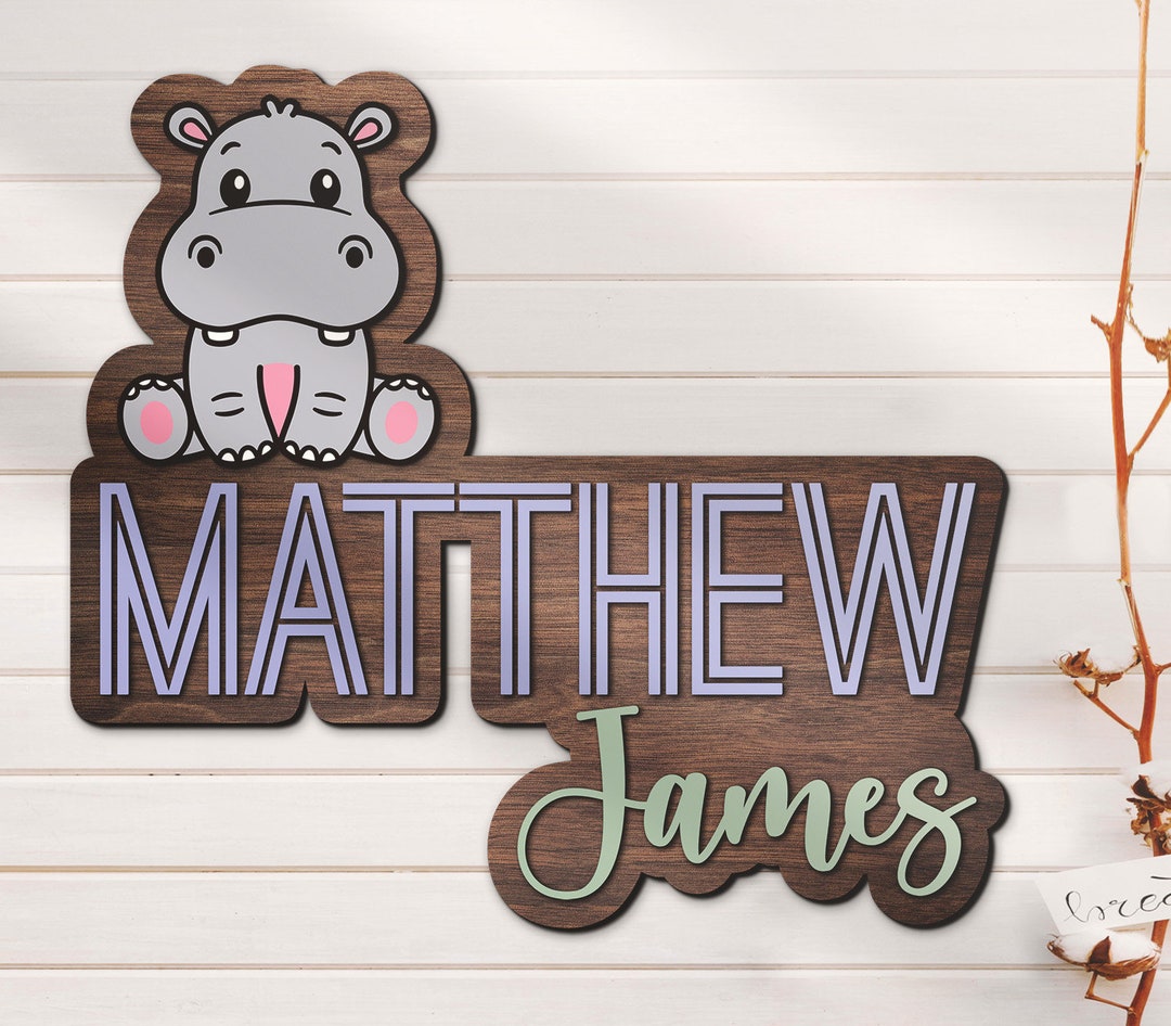 Custom Hippo Wooden Nursery Name Sign Personalized Hippopotamus Wood ...