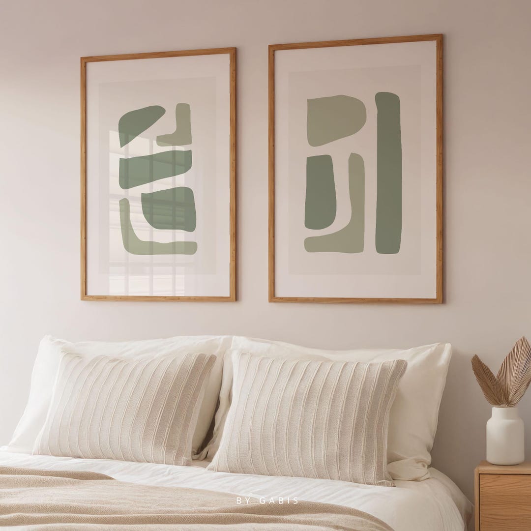 Set of 2 Green Abstract Printable Wall Art 2 Pieces Organic Aesthetic ...
