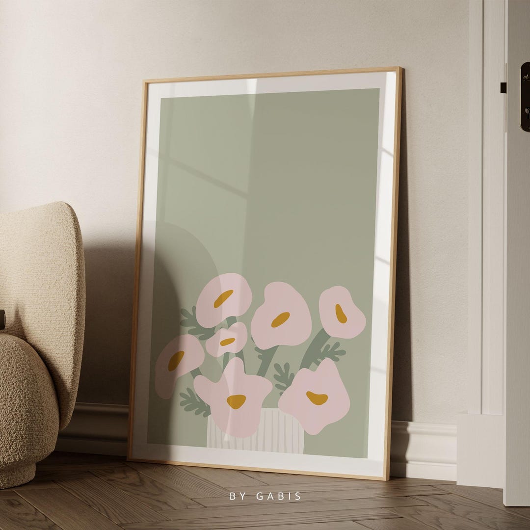 Minimalist Floral Print: Pink Flowers, Modern Green Botanical Wall Art ...