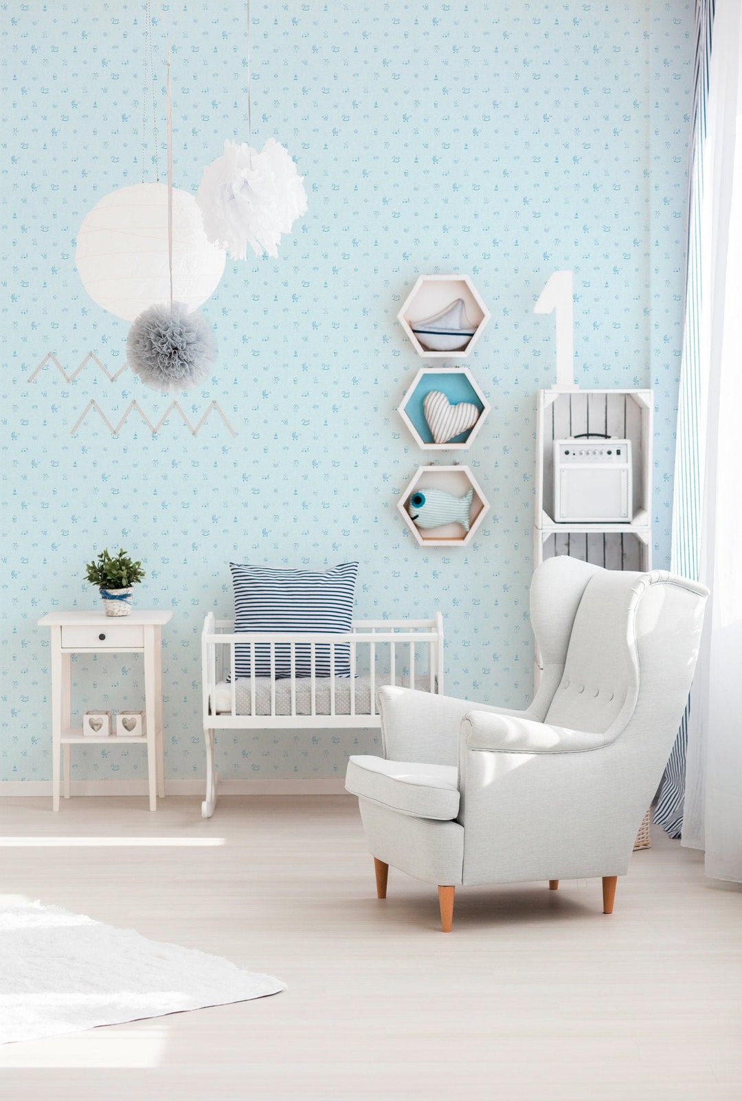 Baby Room Wallpaper in Light Blue Children's Room Non-woven Wallpaper ...