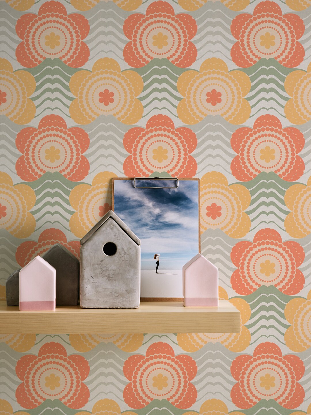 Floral Wallpaper Orange, Yellow, Green | Vintage Wallpaper Retro ...