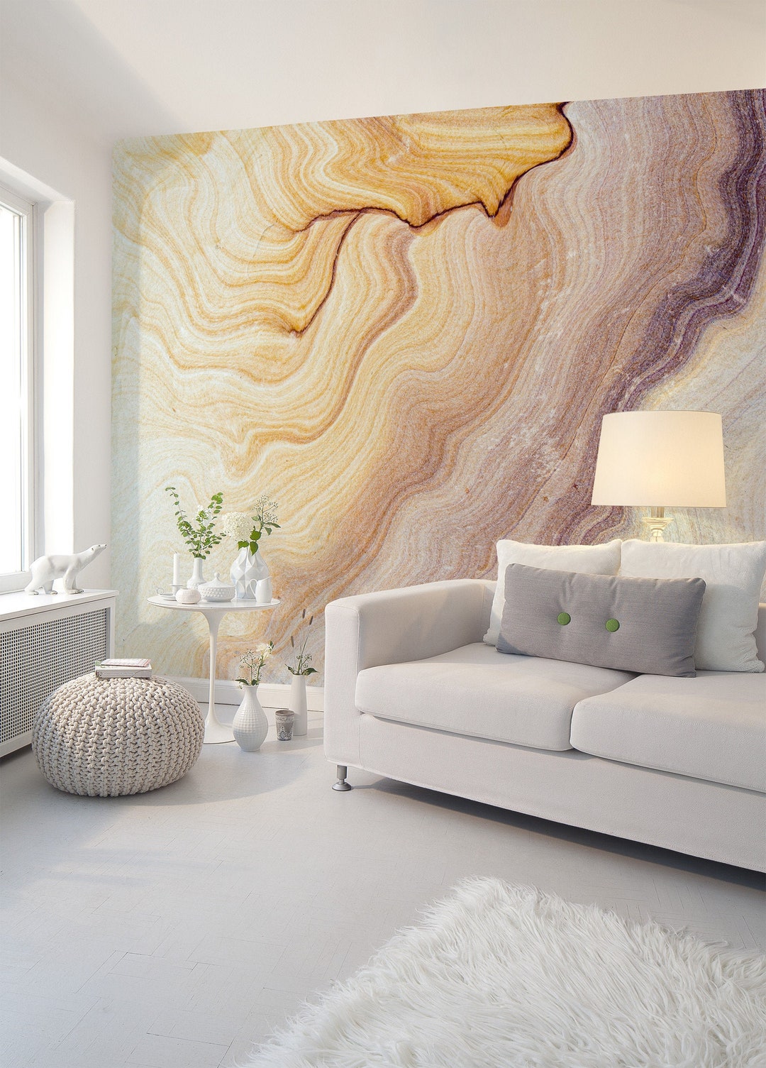 Photo Wallpaper Stone Optics Orange Blue Grey Marble Waves Living Room ...