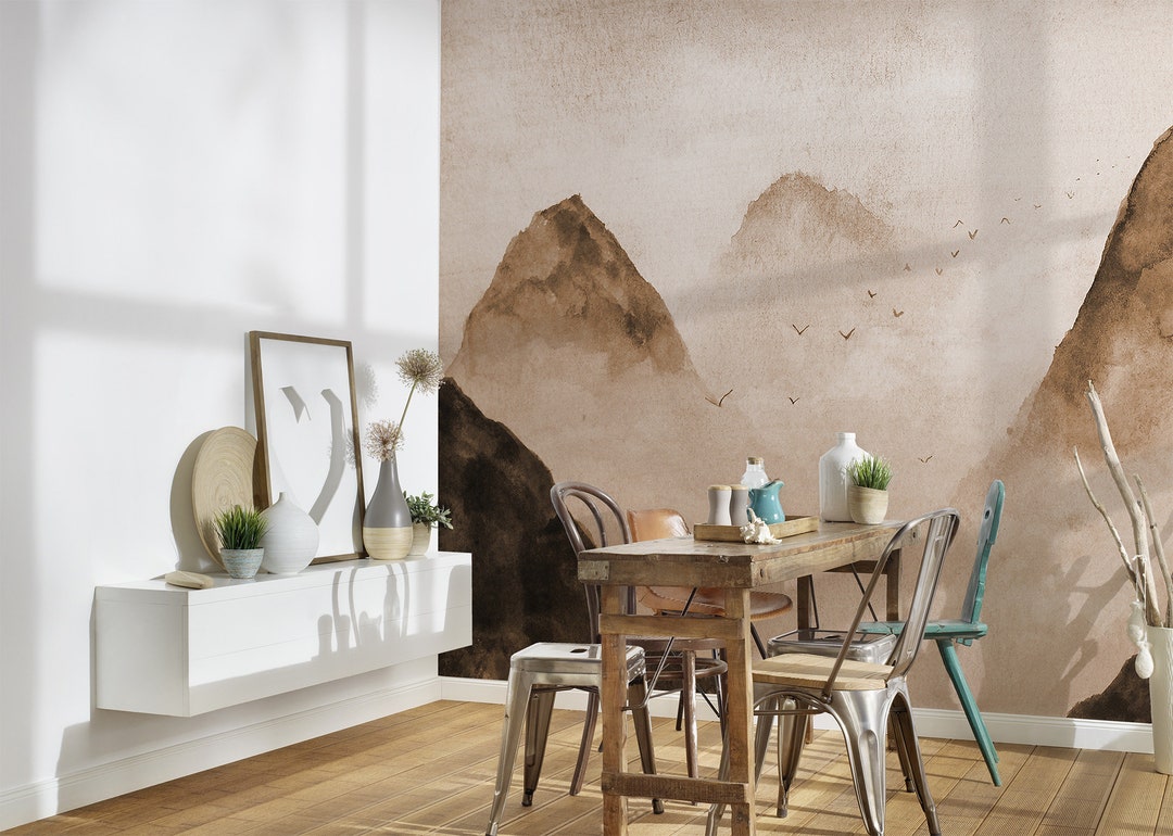 Photo Wallpaper Mountain Beige Black White Misty Rocks Kitchen ...