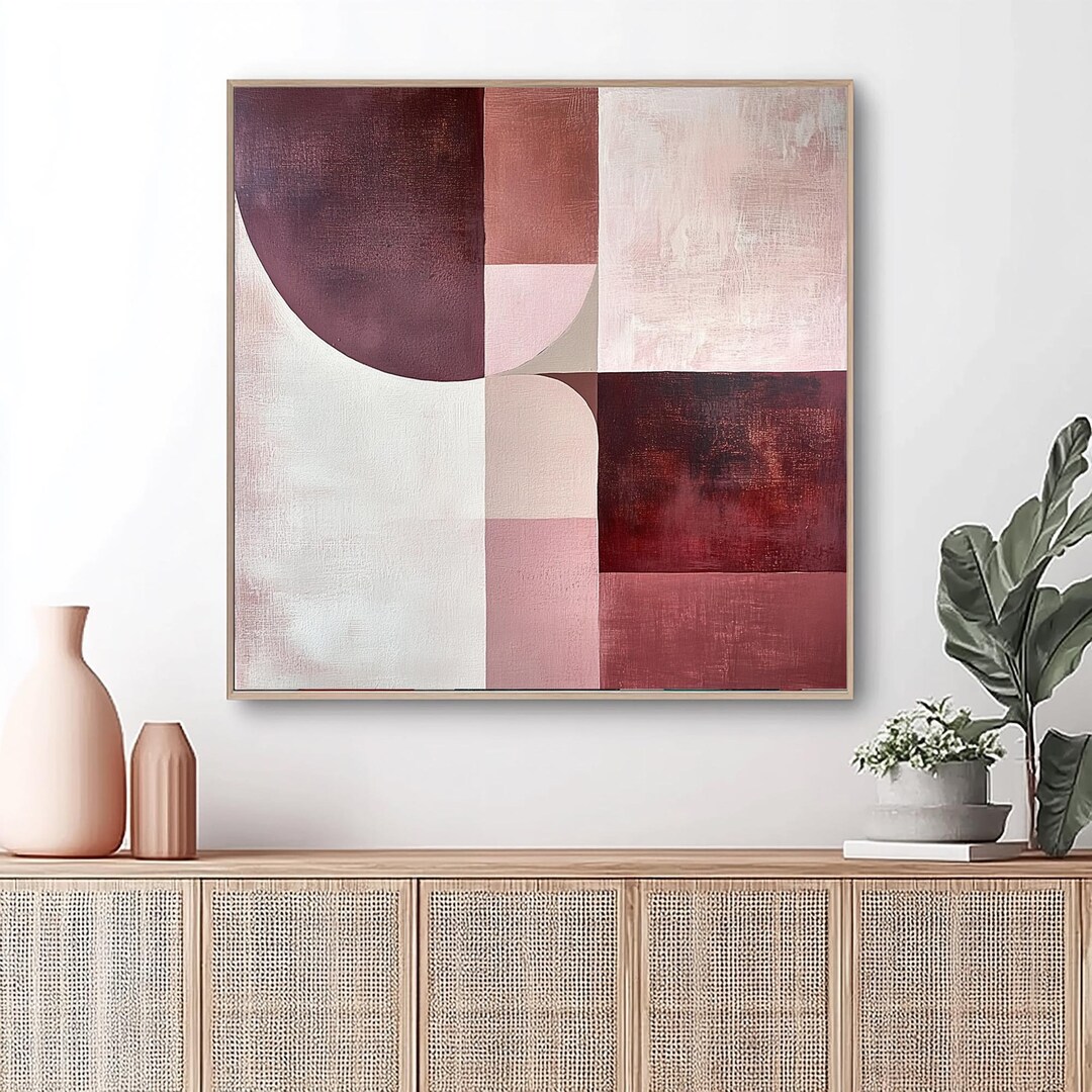 Burgundy Abstract Wall Art, Large Geometric Canvas Painting, Modern ...