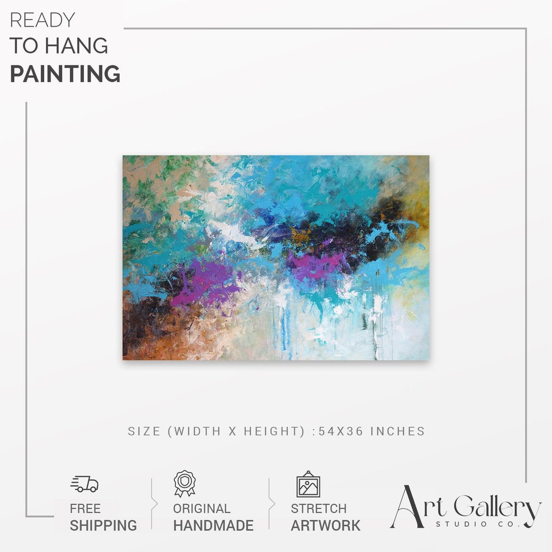 Turquoise Blue Abstract Art, Large Modern Canvas Painting, Purple Storm ...