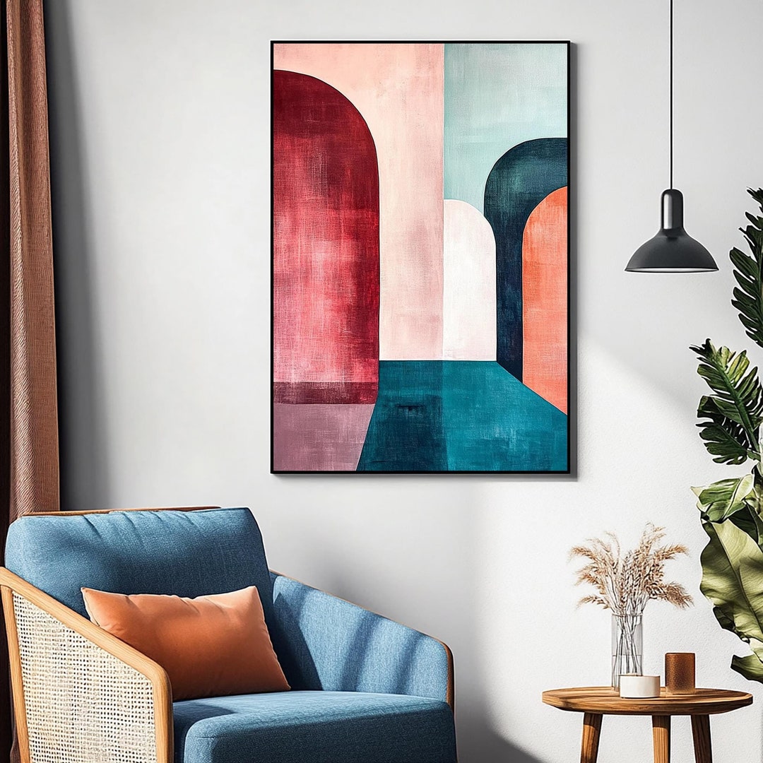 Burgundy Abstract Wall Art, Large Geometric Painting, Mid-century ...