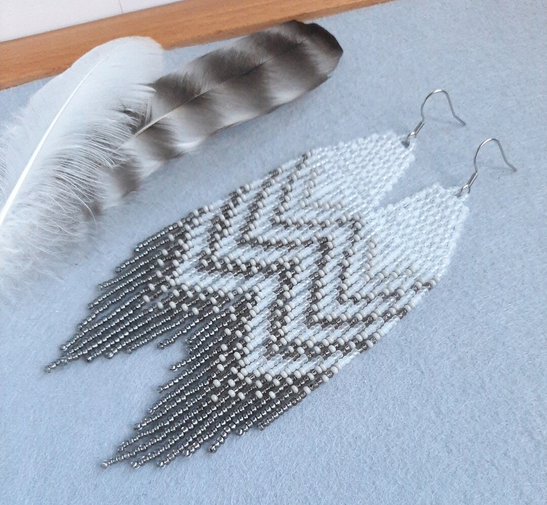 Beaded Feathers Earrings Seed Bead Earrings White Gray Boho Earrings ...