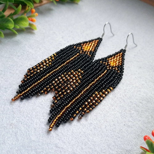 Green and Gold Beaded Earrings Boho Seed Bead Earrings - Etsy