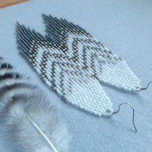 Beaded Feathers Earrings Seed Bead Earrings White Gray Boho Earrings ...