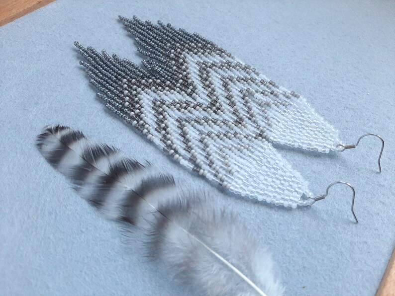 Beaded Feathers Earrings Seed Bead Earrings White Gray Boho Earrings ...