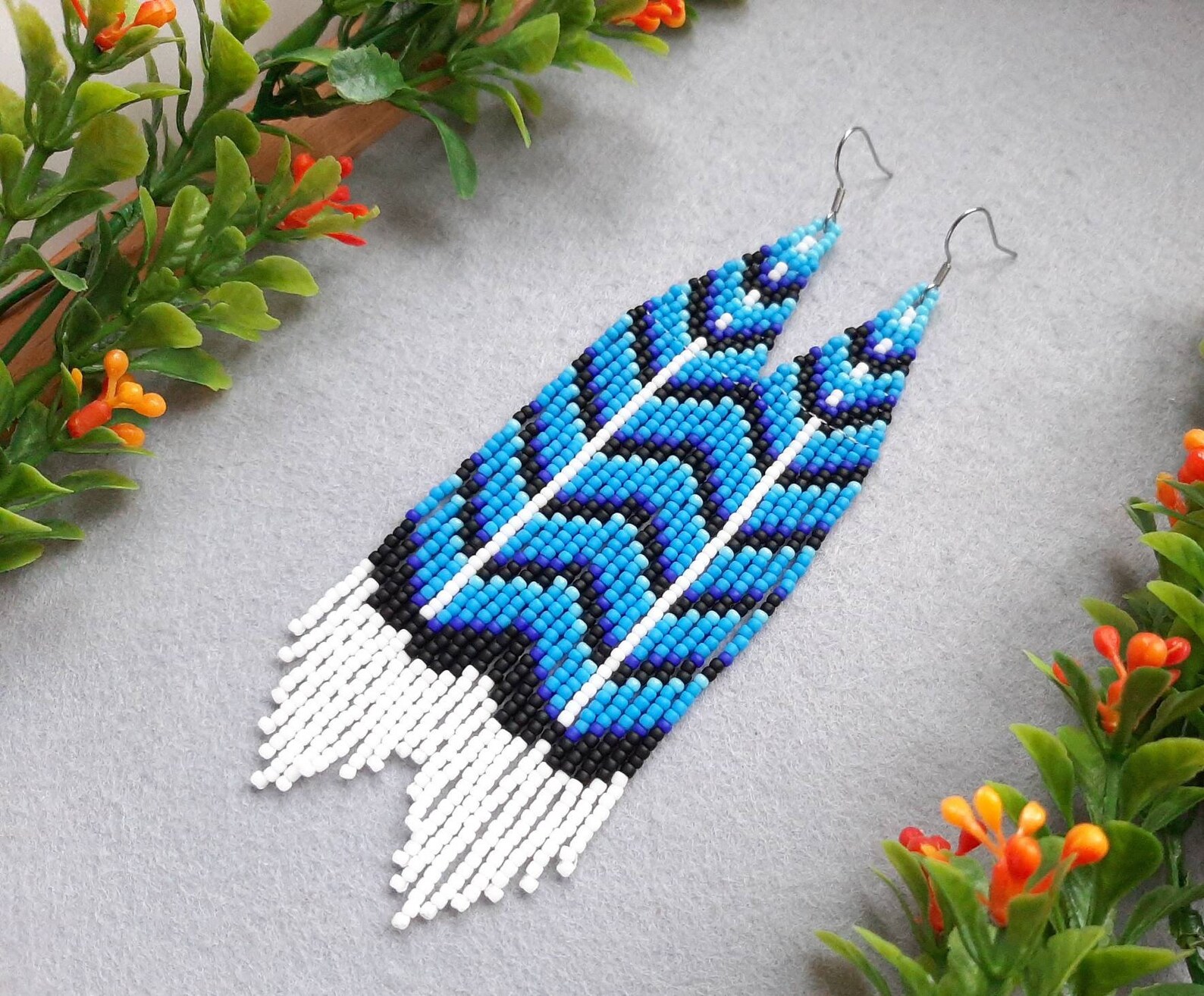 Beaded Feathers Earrings Seed Bead Fringe Earrings Blue Jay Bird ...