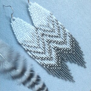 Beaded Feathers Earrings Seed Bead Earrings White Gray Boho Earrings ...