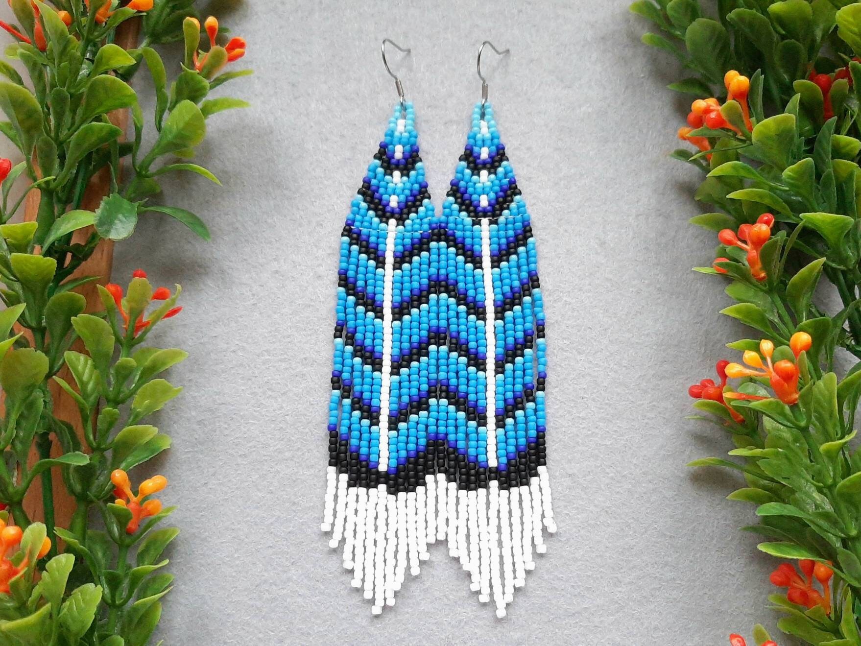 Beaded Feathers Earrings Seed Bead Fringe Earrings Blue Jay Bird ...