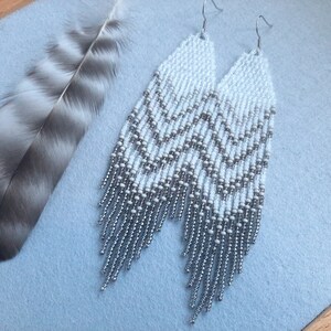 Beaded Feathers Earrings Seed Bead Earrings White Gray Boho Earrings ...