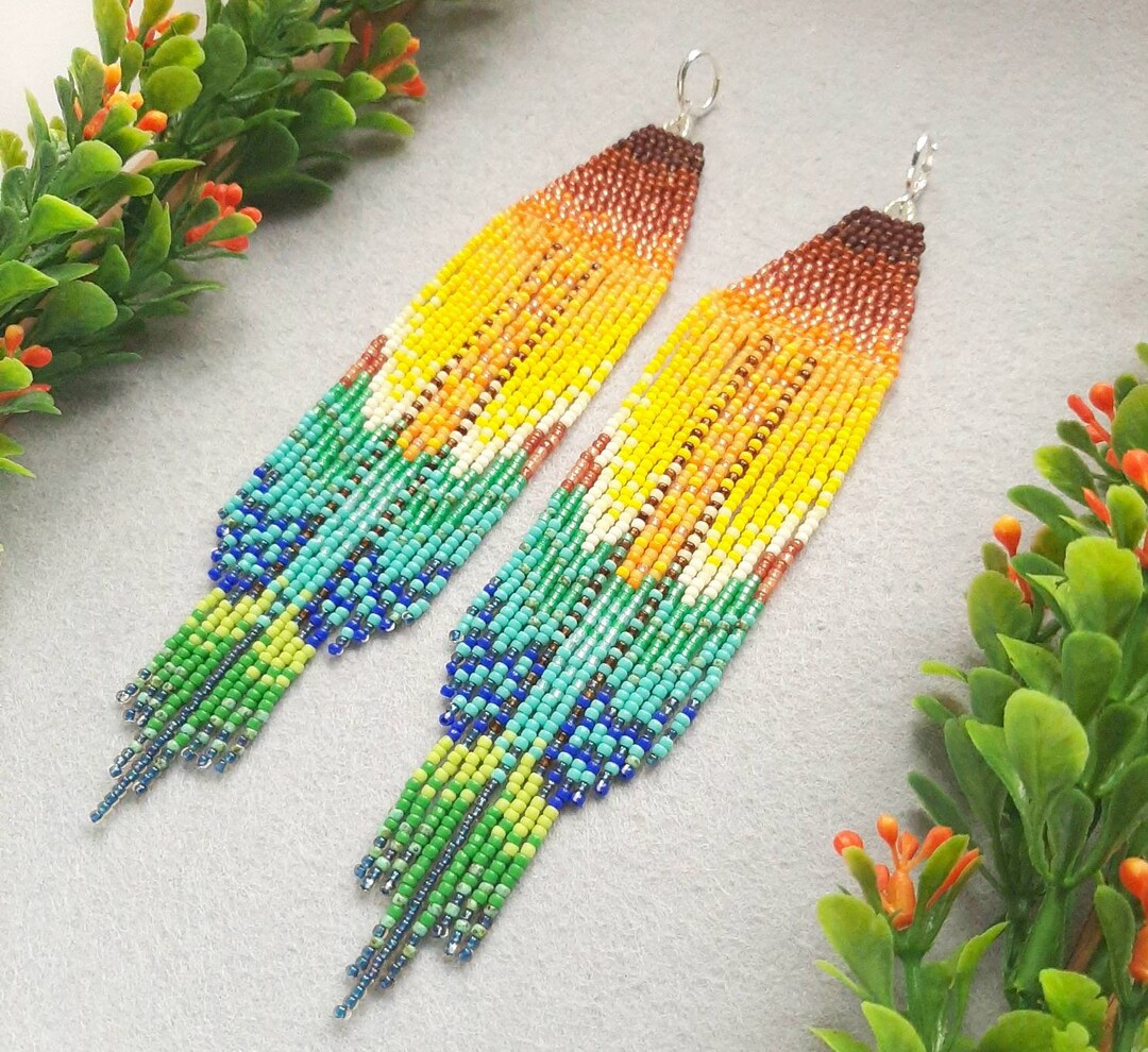 Yellow Feather Earrings Seed Bead Earrings Long Fringe Earrings ...