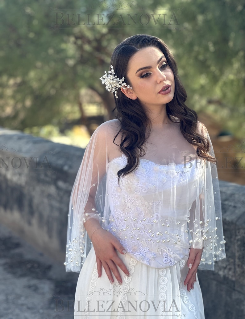 Ivory Pearl Topper, Pearl Veil, Cape Veil, Bridal Cape, Pearl Capelet ...