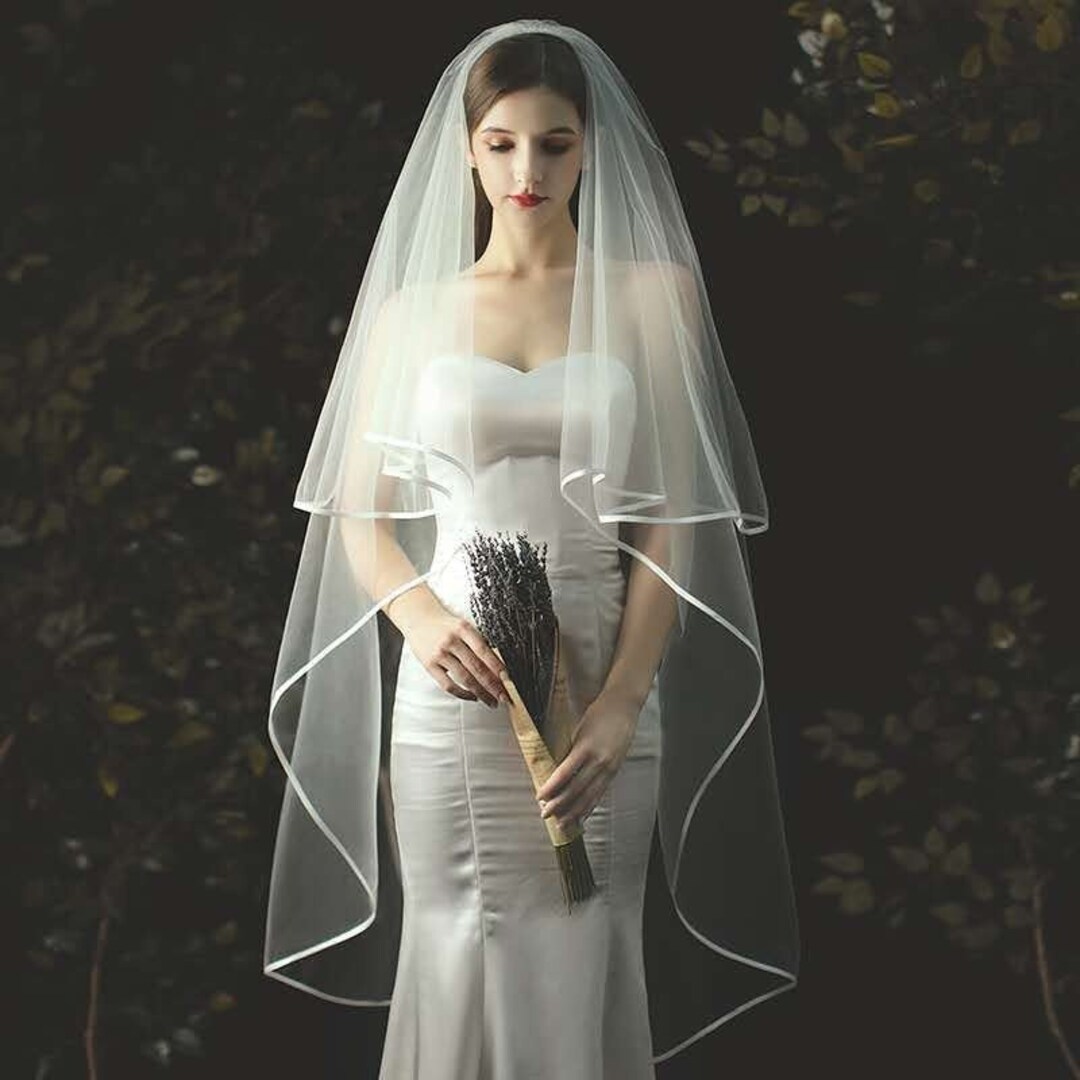 Two Tier Cathedral Wedding Veil Fine Satin Ribbon Trim, Long Veil ...