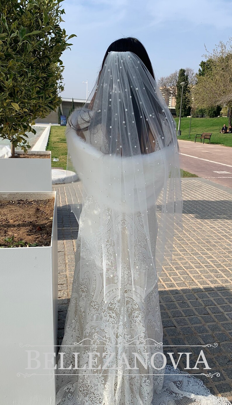 Pearl Wedding Veil Wedding Veil Chapel Bridal Modern Fingertip Veil ...