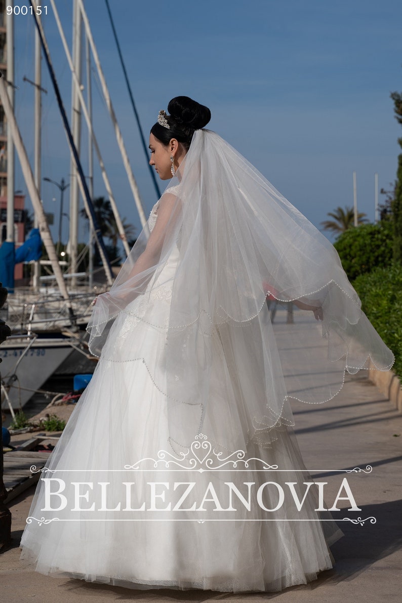Two Tier Pearl Veil, Pearl Edge Wedding Veil, Chapel Scattered Pearl ...