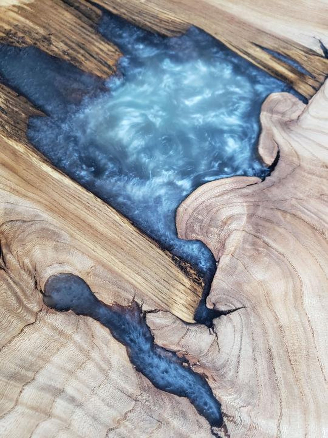 Custom 80" X 40" Walnut Blue River Epoxy Dining Table, Dolphin Grey ...
