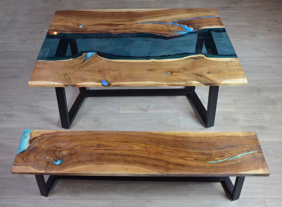 Custom 63" X 40" Epoxy River Table With a Bench, Walnut Wood Epoxy ...
