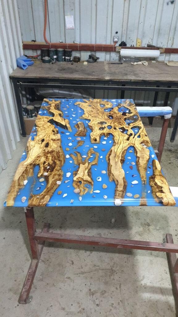 Epoxy Table - Custom 51" X 31" Olive Tree Ocean Blue Epoxy River Dining ...