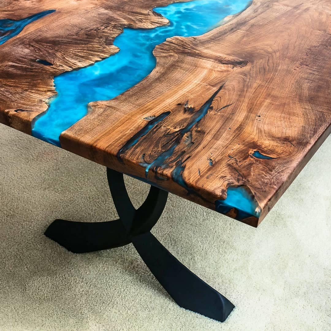 Custom 65 X 40 Walnut Wood Turquoise Epoxy River Dining Table, Walnut ...