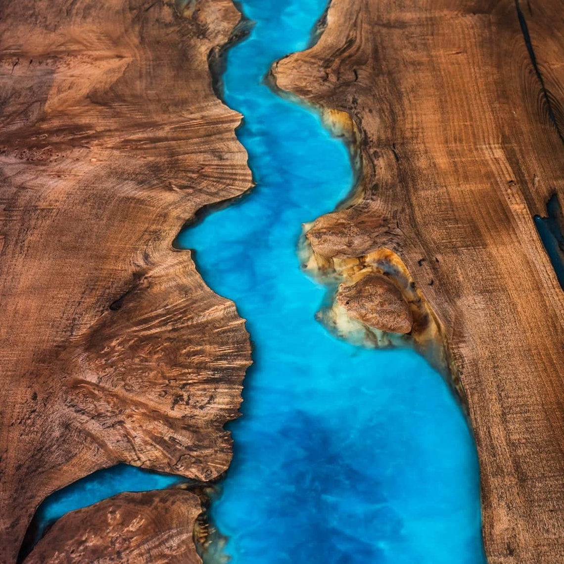Custom 65 X 40 Walnut Wood Turquoise Epoxy River Dining Table, Walnut ...
