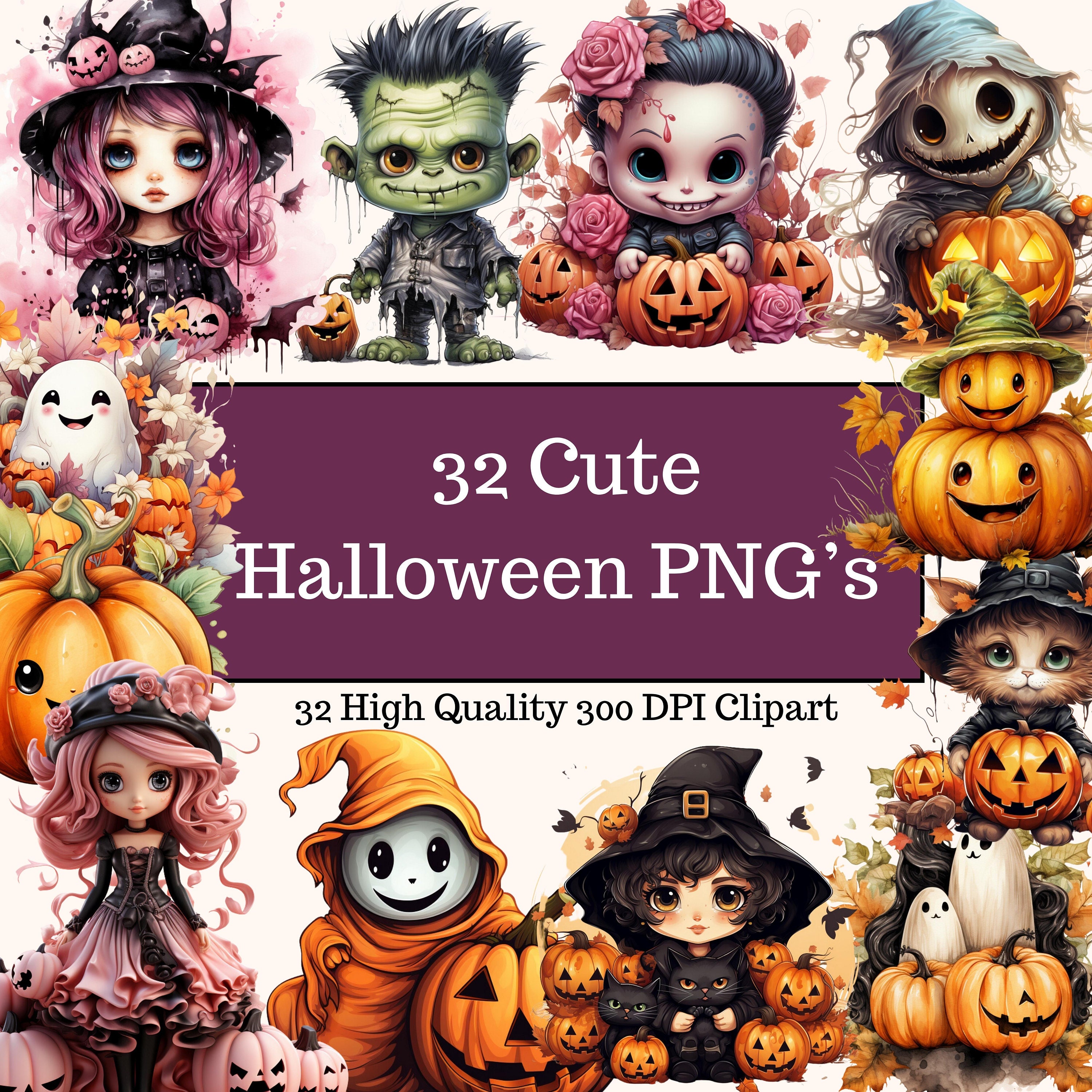 32 Cute Halloween PNG Clipart Bundle Witch Cat - Etsy