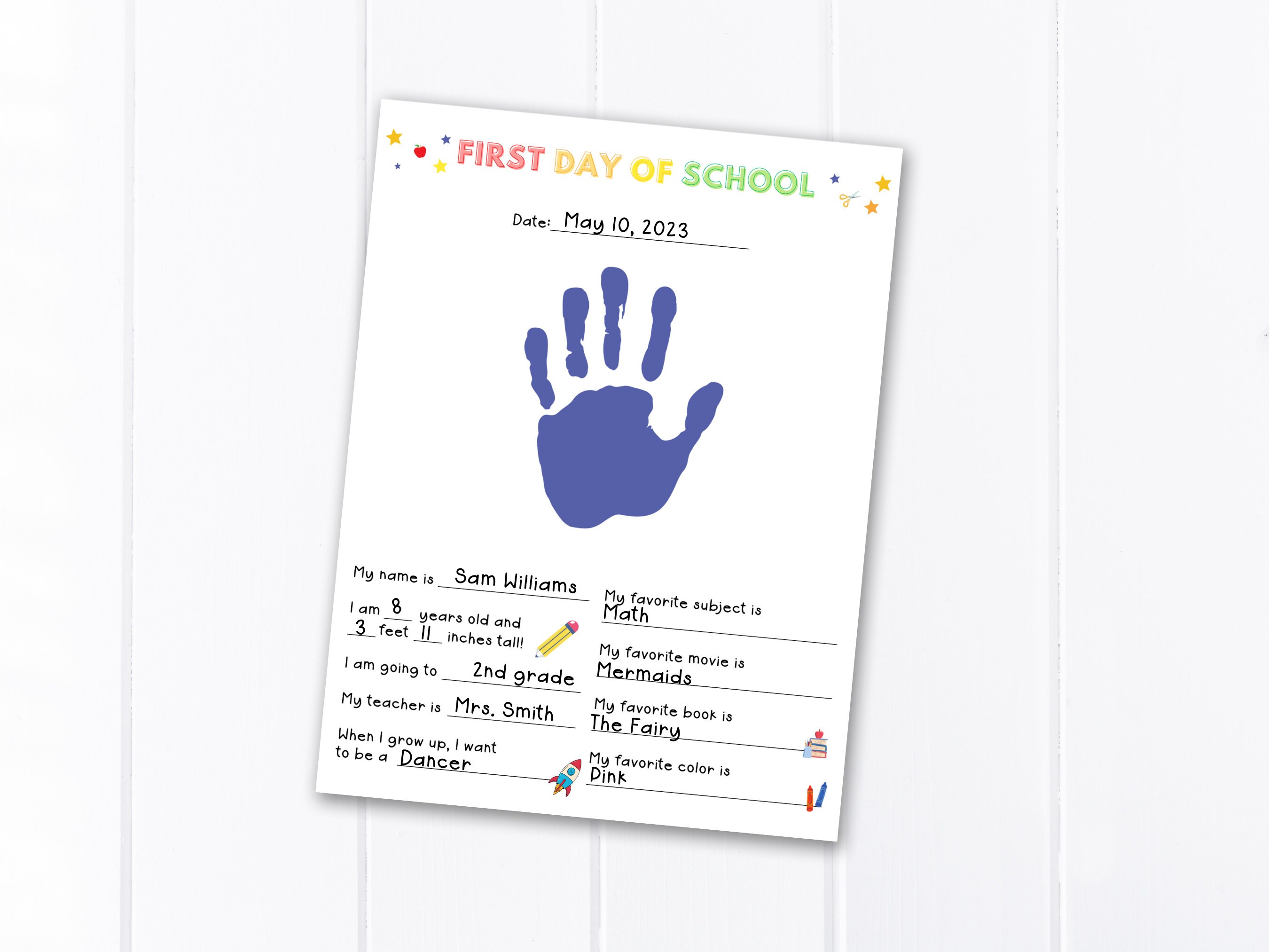 First Day of School Craft Handprint Back to School Memory Keepsake ...