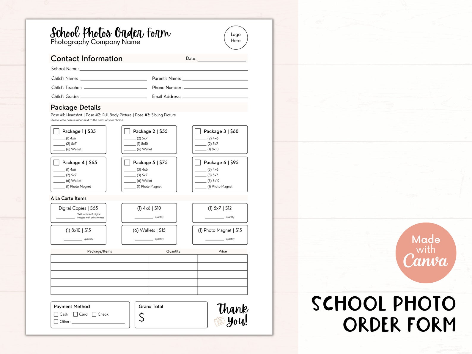 Editable School Photography Order Form, Canva School Order Form ...