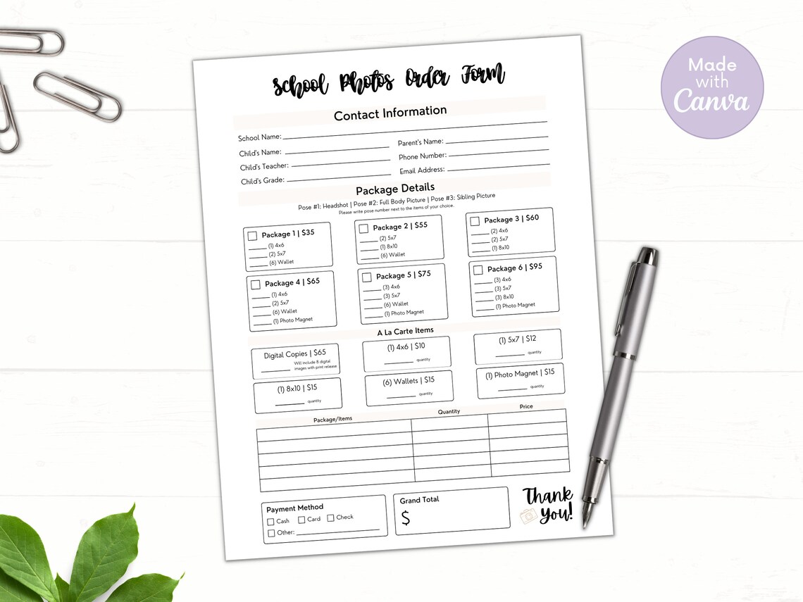 Editable School Photography Order Form, School Order Form, Printable ...