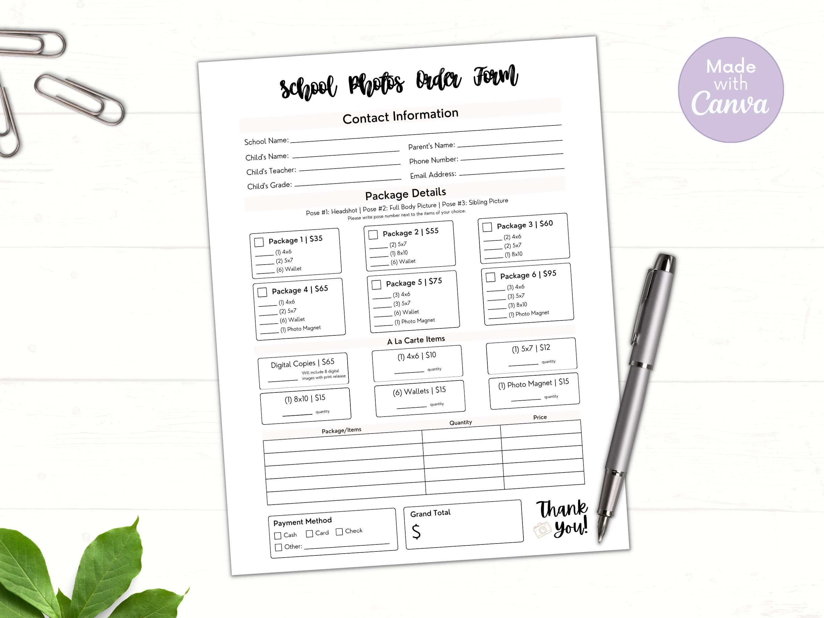 Editable School Photography Order Form, School Order Form, Printable ...